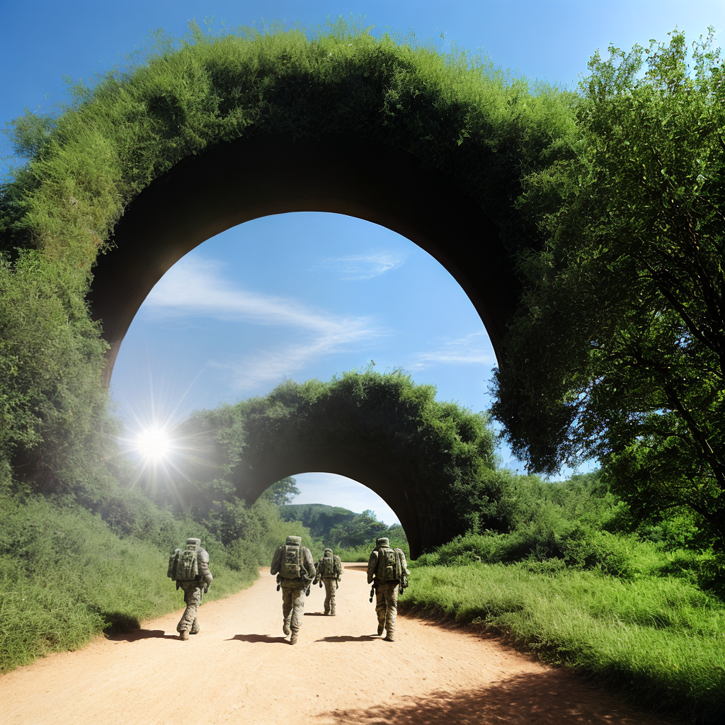 Members of SG1 team exit throu stargate on a lush alien planet with two ...