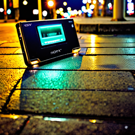sony walkman on floor in city at night
