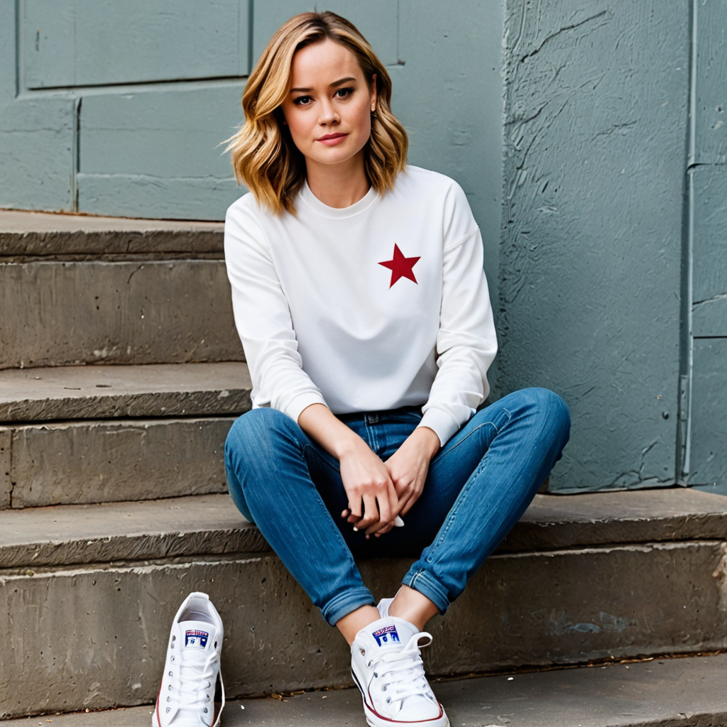 Mcu Brie Larson Carol Danvers Sitting in White Shirt, Blue Jeans, White ...