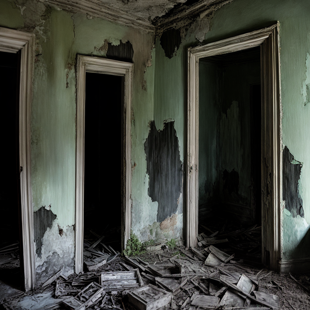 The friends enter a decrepit mansion with creaking doors and eerie ...