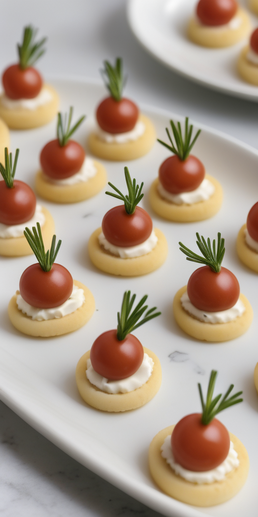Delicious Tomato and Cream Cheese Canapés with Fresh Rosemary Garnish.
