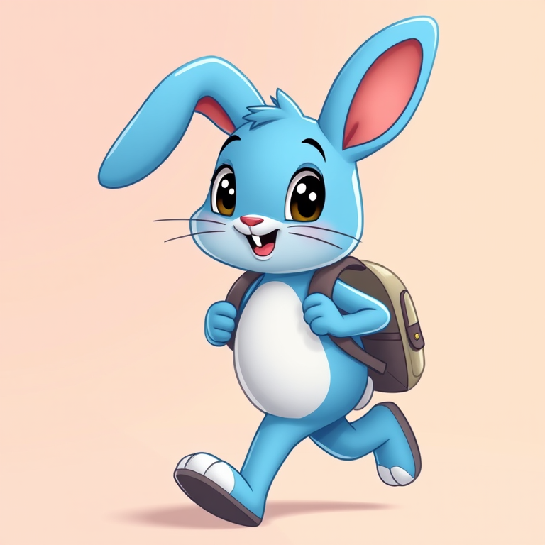 Cheerful Blue Bunny Excitedly Running with a Backpack on Its Back