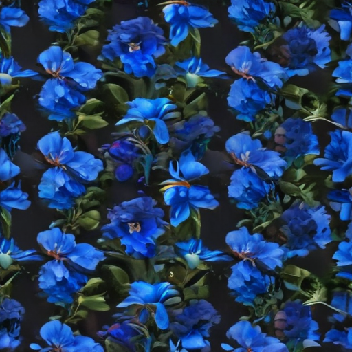 Vibrant Blue Floral Pattern with Lush Blooms Against a Dark Background