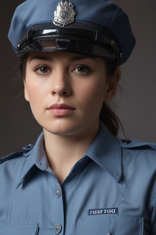 lady constable, with dark black eyes and dark hair, a ponytail, blue ...