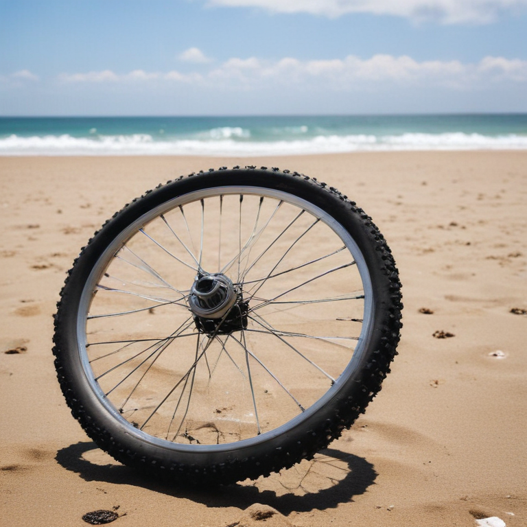 broken bike wheel on beach