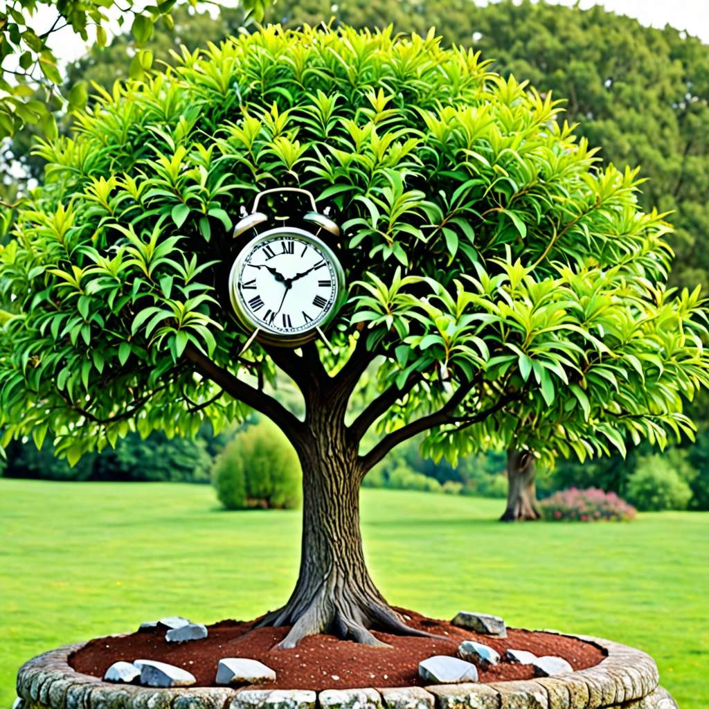 tree growing from a clock in a beautiful landscape in 4K full