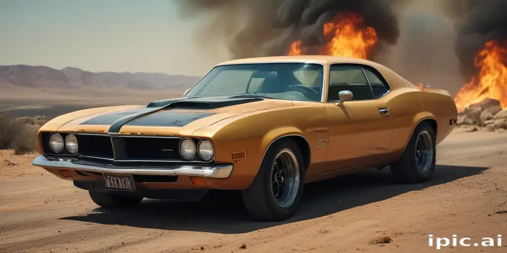 Classic Muscle Car Racing Through Desert with Explosions in Background
