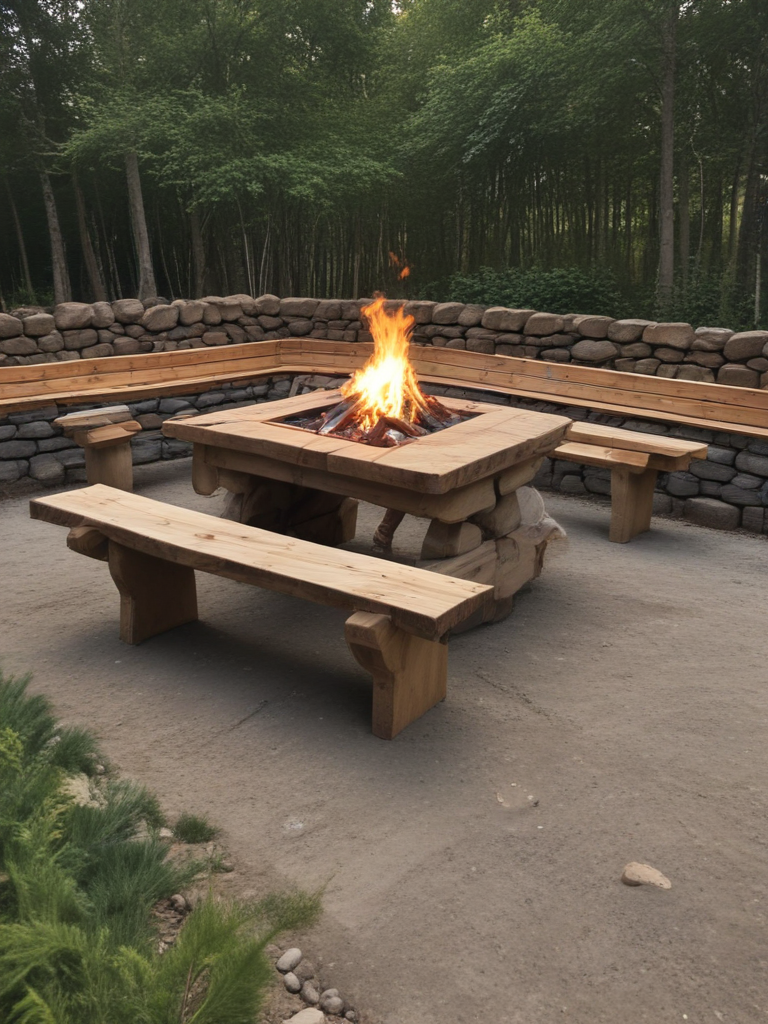 people sitting around a singular outdoor firepit on wooden benches