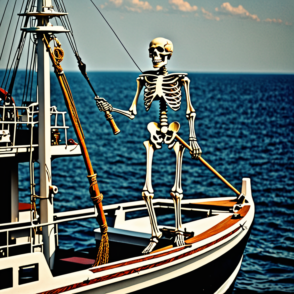 skeleton fisherman on a ship in the grateful dead style