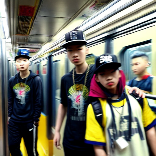 CHINESSE RAPPER IN SUBWAY TRAIN BEHIND HIM MANY HIP HOP DANCERS. SKETCH ...