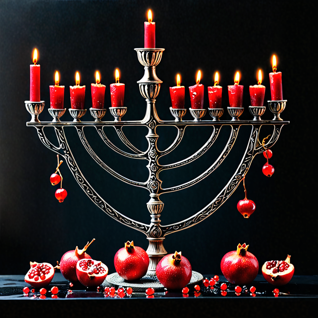 Still life of a menorah with pomegranites, some of them broken open ...