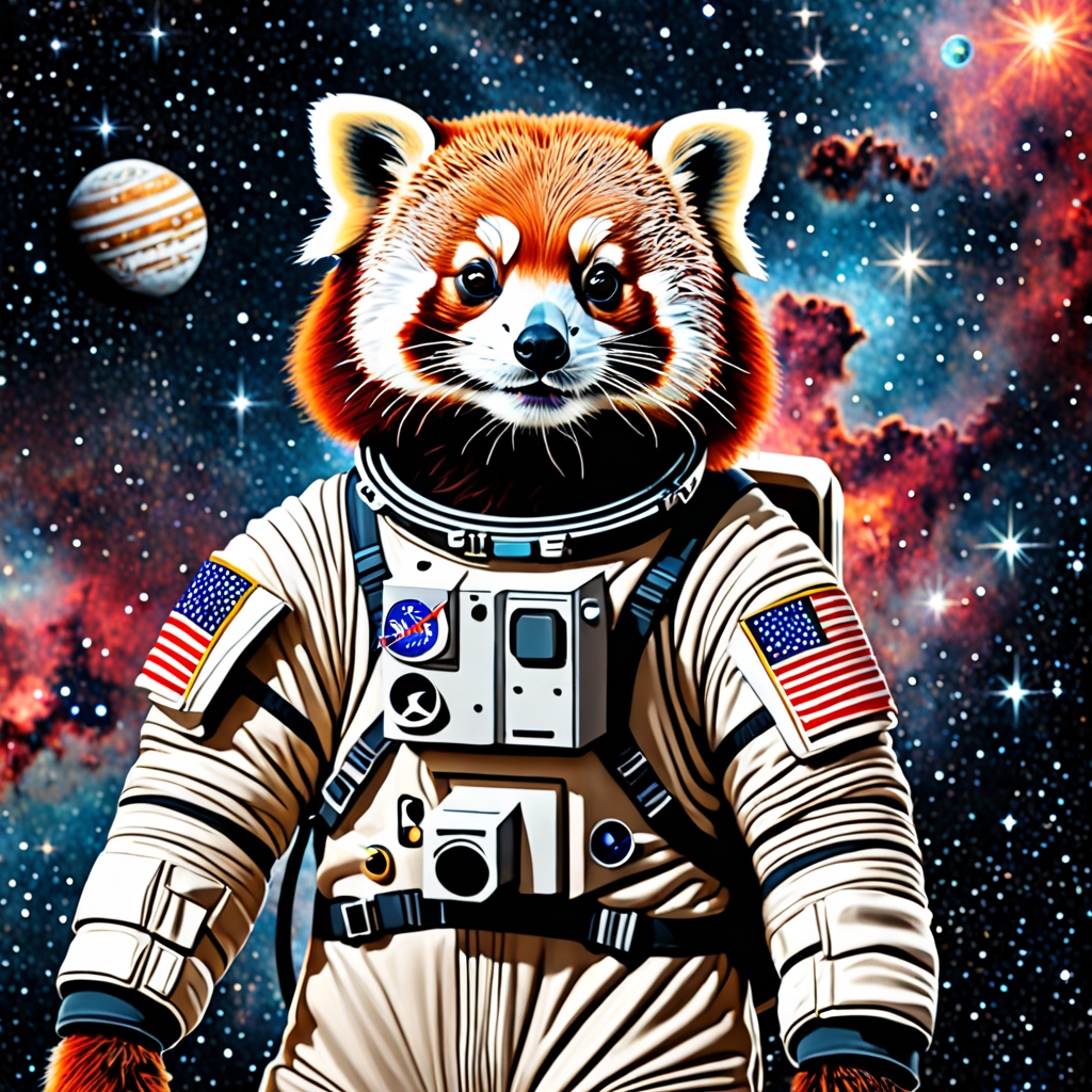 red panda in astronaut suit, nebula back ground
