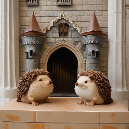 a castle with 2 big brown and tan hedgehog statues outside the front of ...