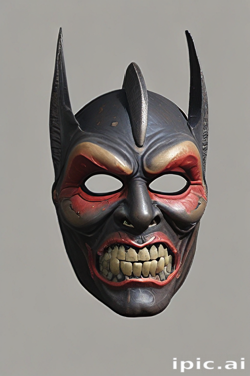 Intricately Designed Demon Mask with Sharp Horns and Grinning Teeth
