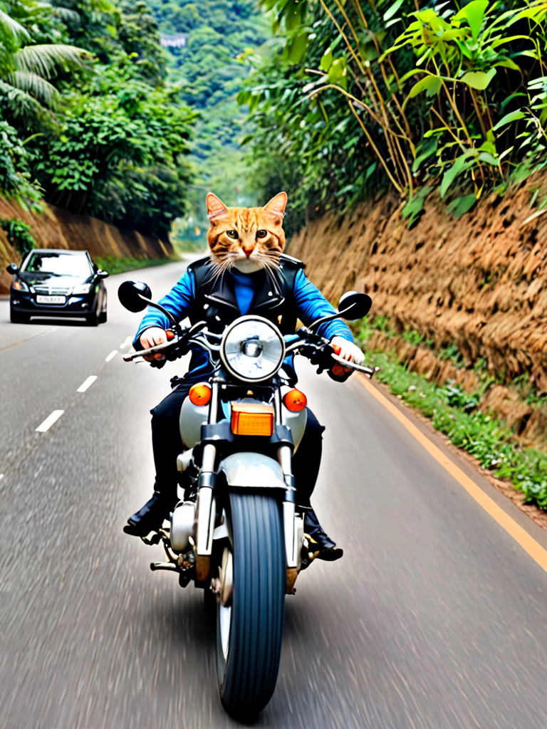 Cow riding a motorcycle with a cat on its back