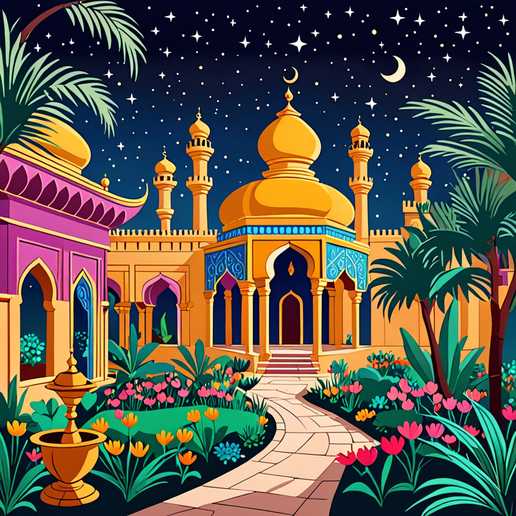 Garden of the Sultan of Agrabah from the cartoon Aladdin. Night. Flat ...
