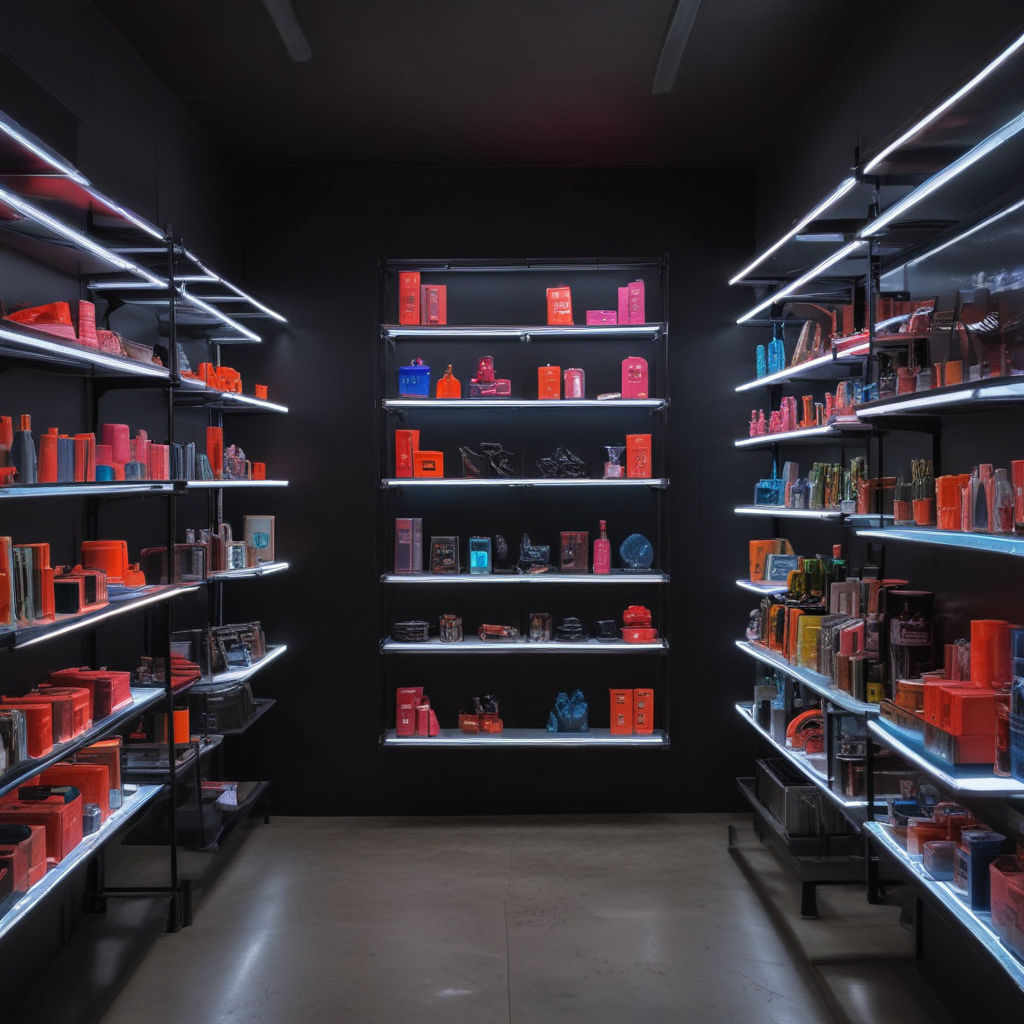 surrounding dark shop with neon shelves