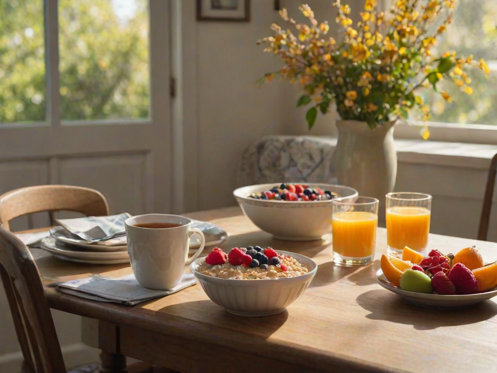 Bright and Cheerful Breakfast Table with Fresh Fruits and Delicious Oatmeal
