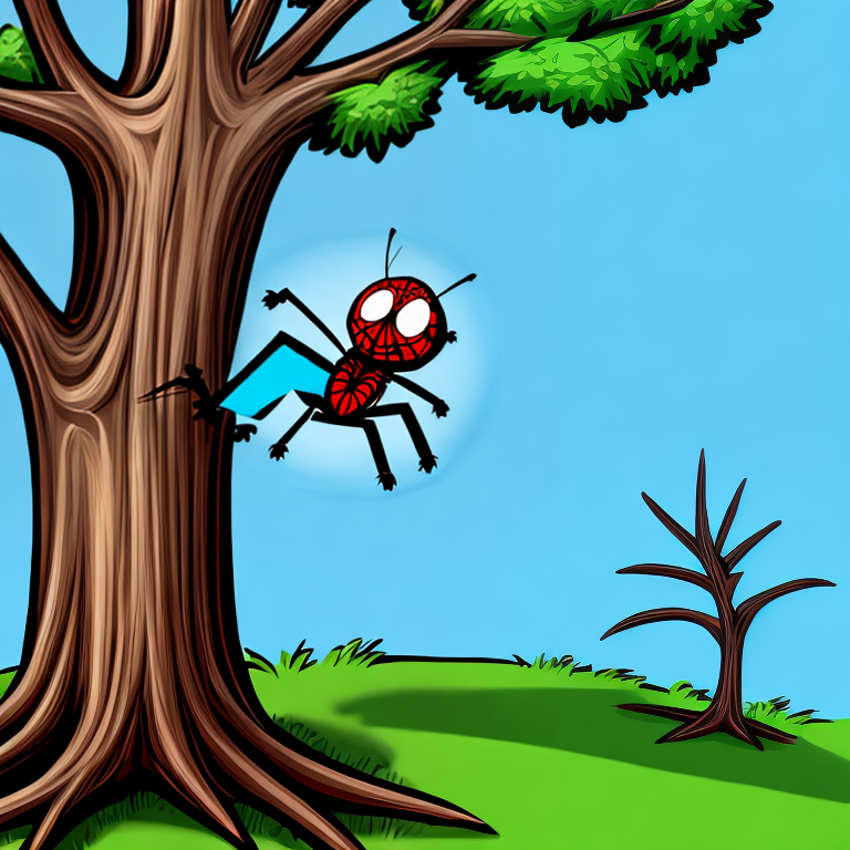 spider crawling up a tree, cartoon style