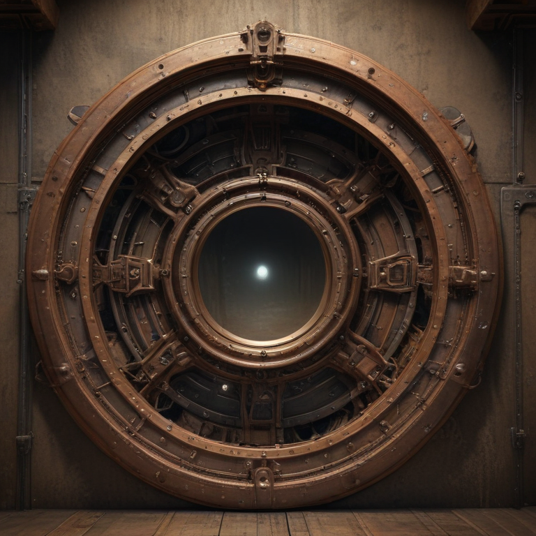steampunk style round portal with space arround leading to an other ...