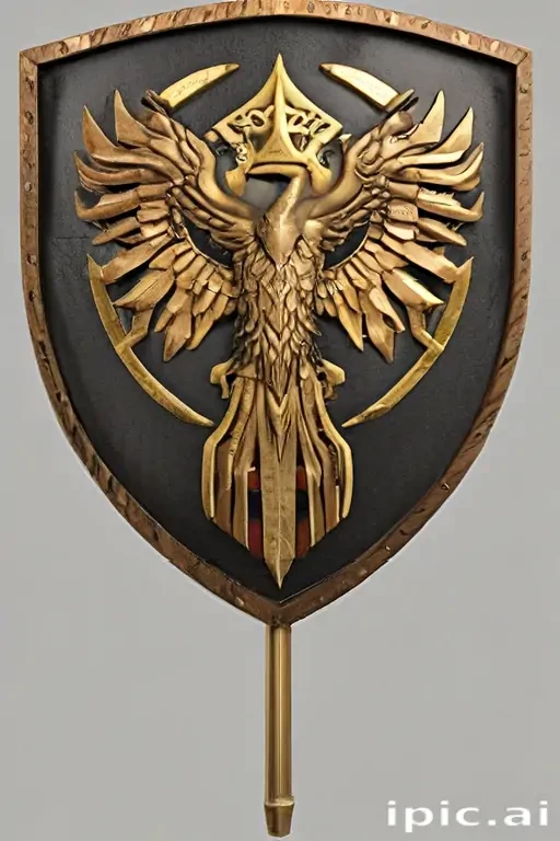 Intricate Golden Shield Featuring a Majestic Phoenix Design and Symbolism