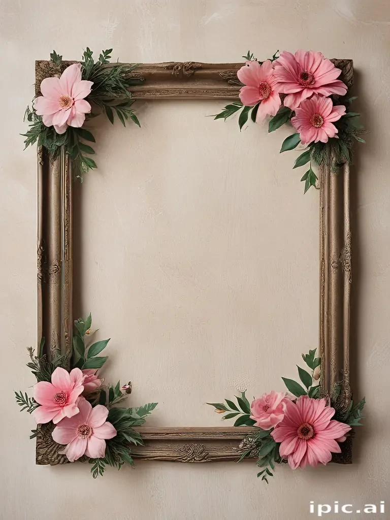 Elegant Floral Frame Adorned with Pink Blooms and Lush Greenery