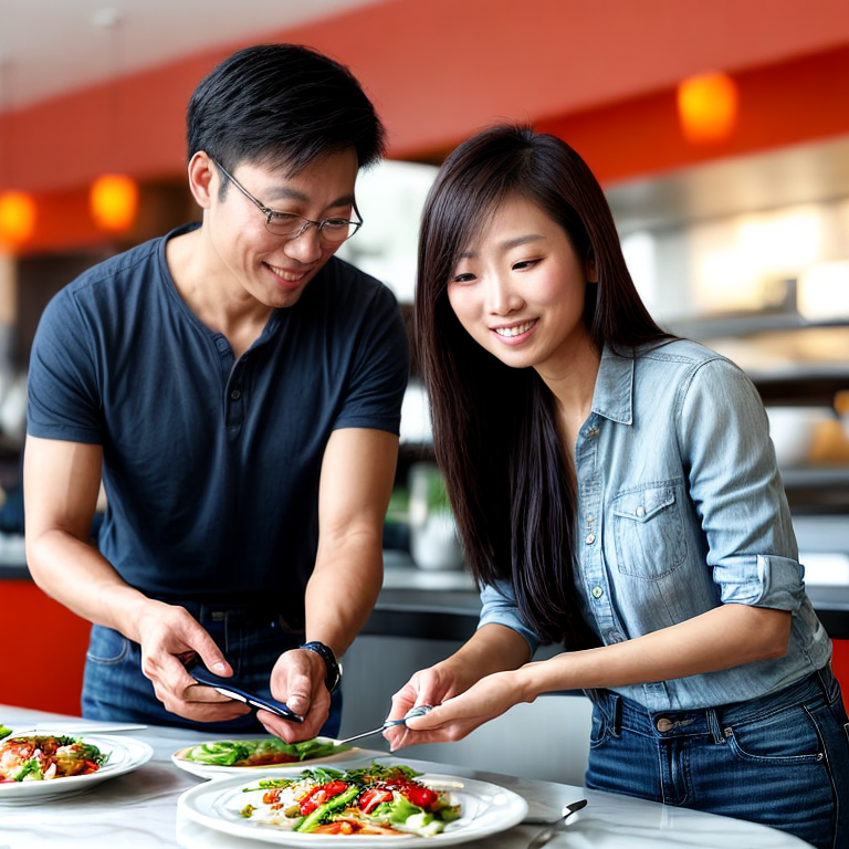 asian couple in restaurant, facing camera, makeup