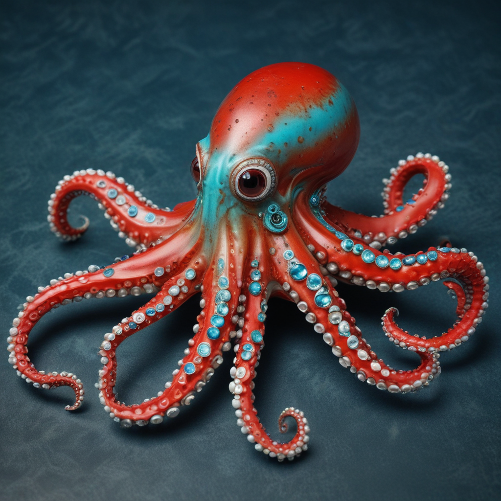 One red-turquoise, elegant, art-deco-style, surrealistic octopus, made ...