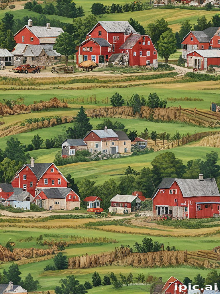 Charming Countryside Scene Featuring Red Barns and Rolling Green Fields.