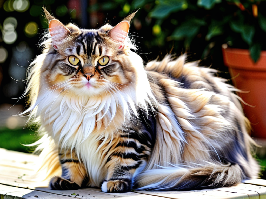 A Beautiful Long-Haired Cat with Striking Colors Relaxing Outdoors in ...