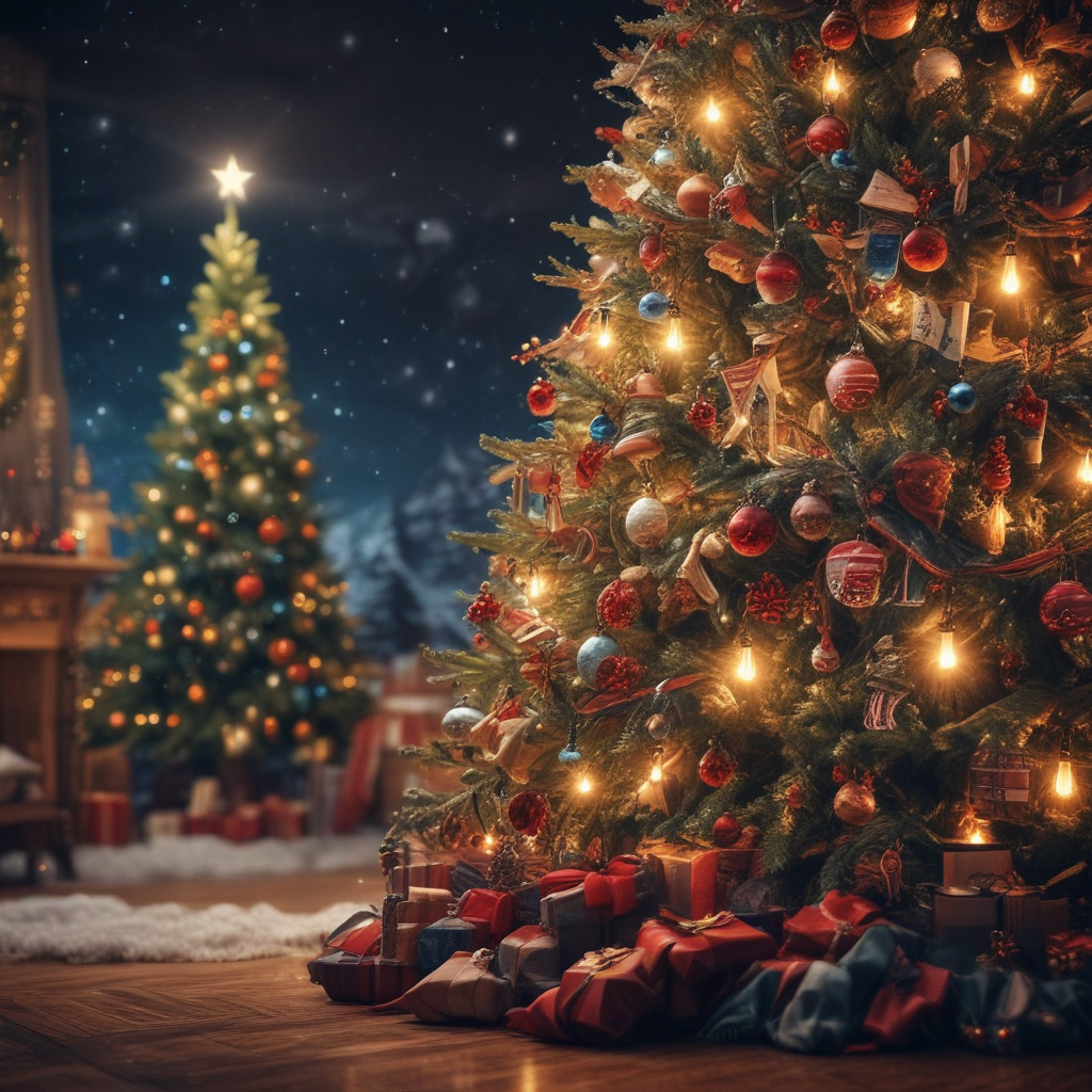 Enchanting Christmas Scene with Two Beautifully Decorated Trees and Gifts