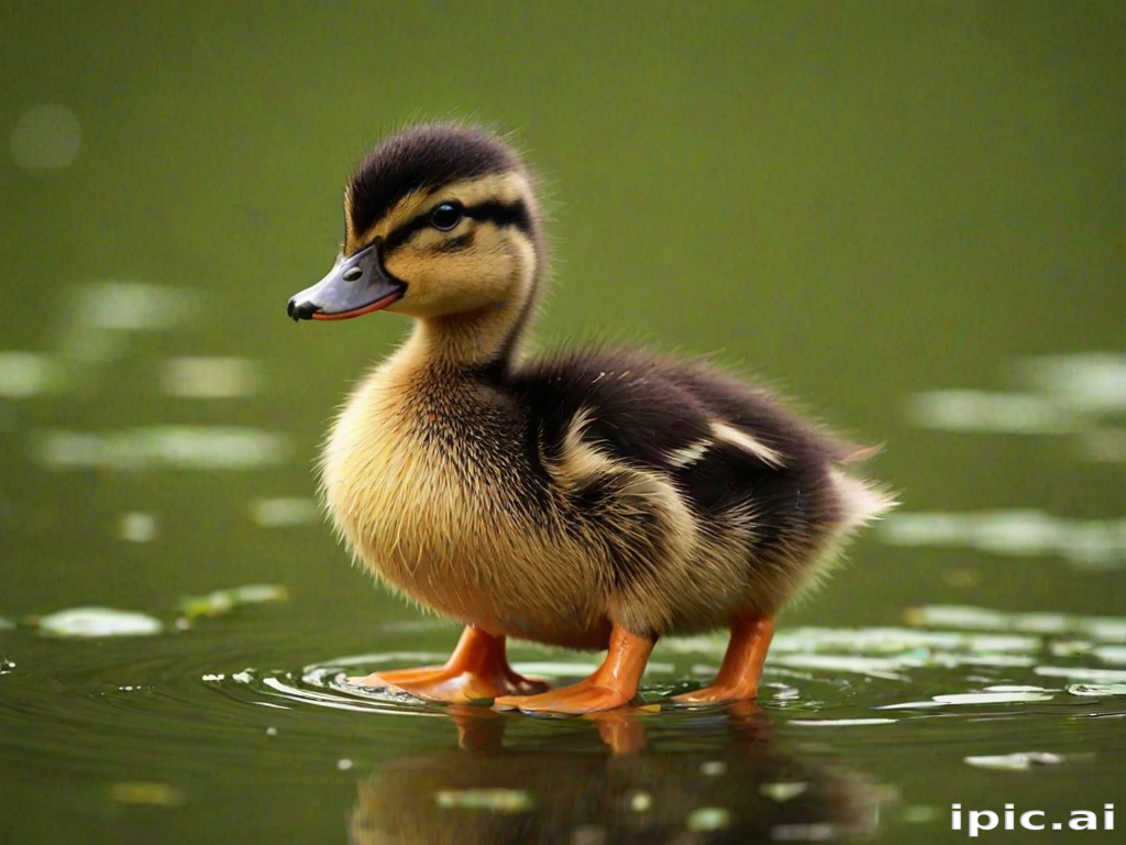 A Cute Duckling Standing in Calm Water Surrounded by Greenery.