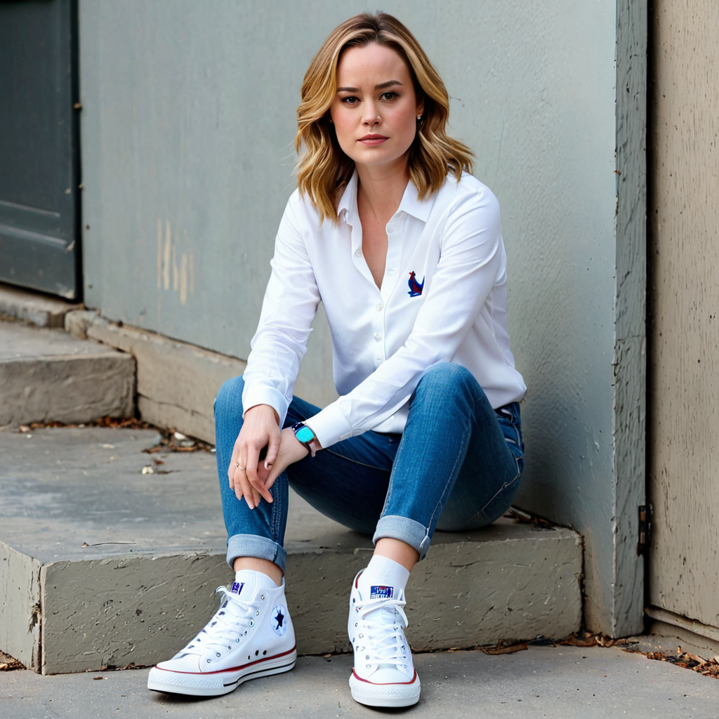 Mcu Brie Larson Carol Danvers Sitting in White Shirt, Blue Jeans, White ...