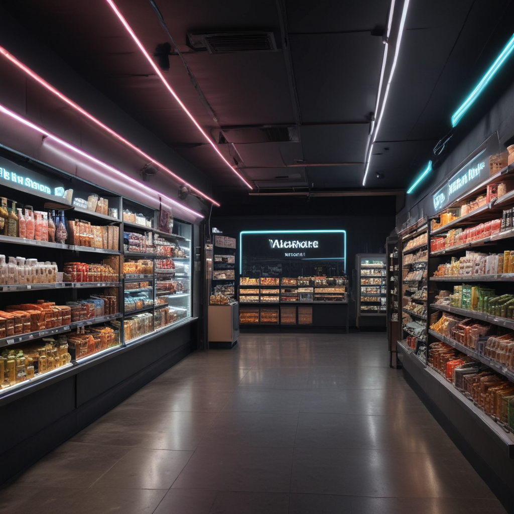 a ethereal view of a night grocery store with neon light, hyper realistic