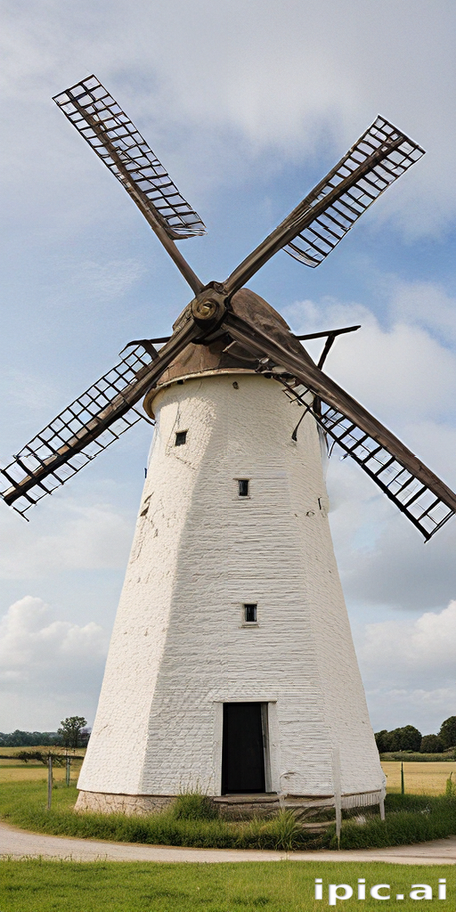 A Charming Historic Windmill Standing Tall Against a Clear Blue Sky.