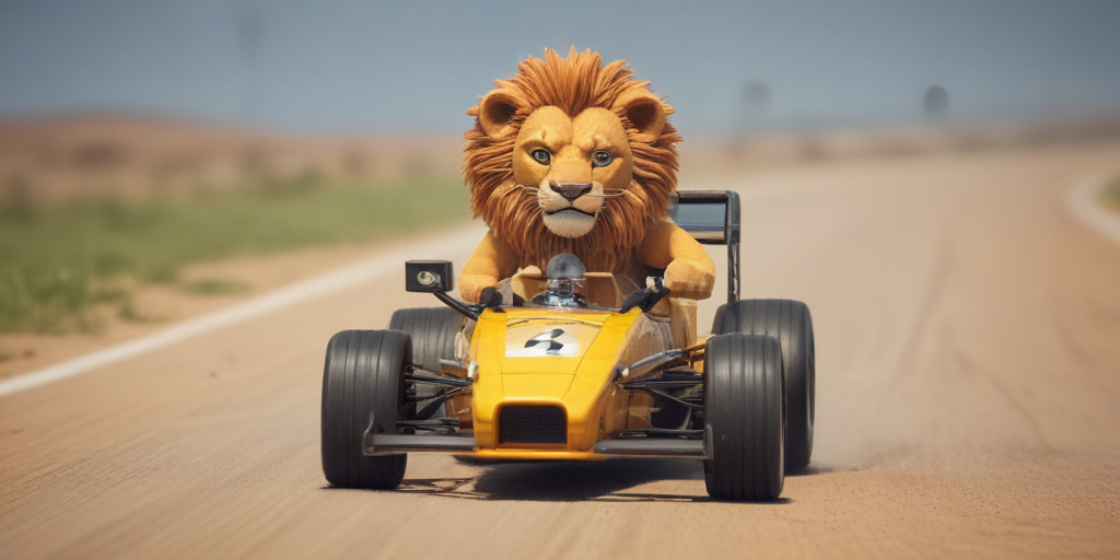 pixel cartoon Lion as racing driver on the savanna