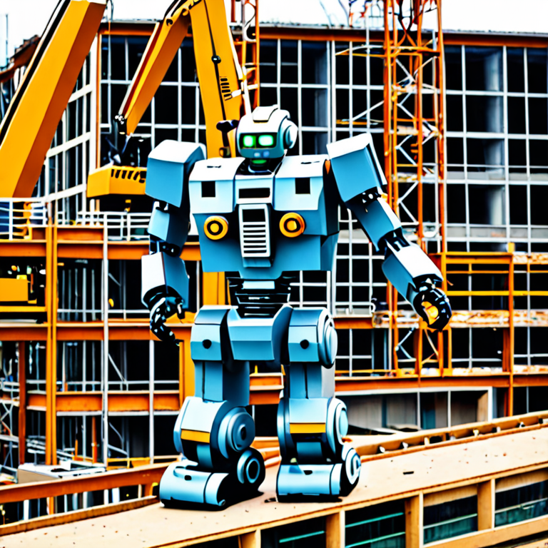many robot construction workers building a large building. No humans in ...