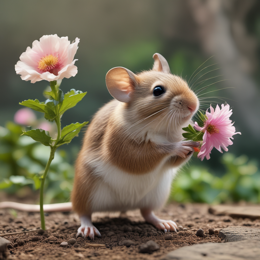 adorable mouse standing up stretched profile to smell a overhanging flower