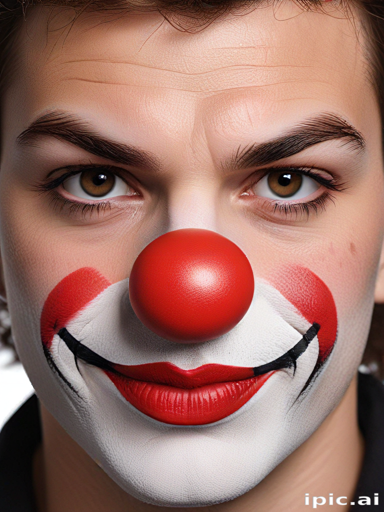 Close-Up Portrait of a Clown with Bright Makeup and Red Nose