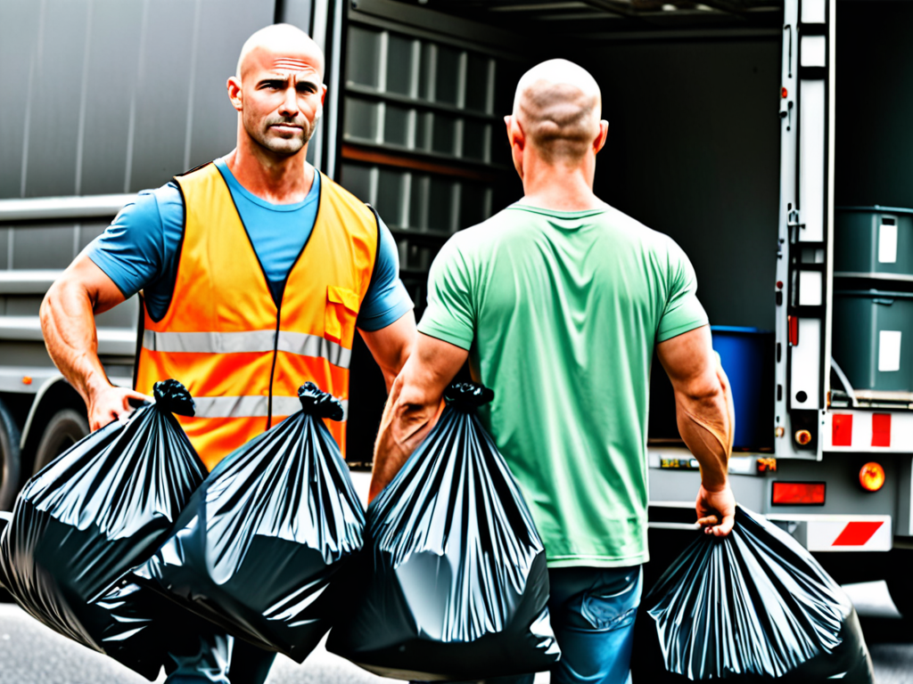 realistic handsome muscular bald garbagemen from behind carrying black ...