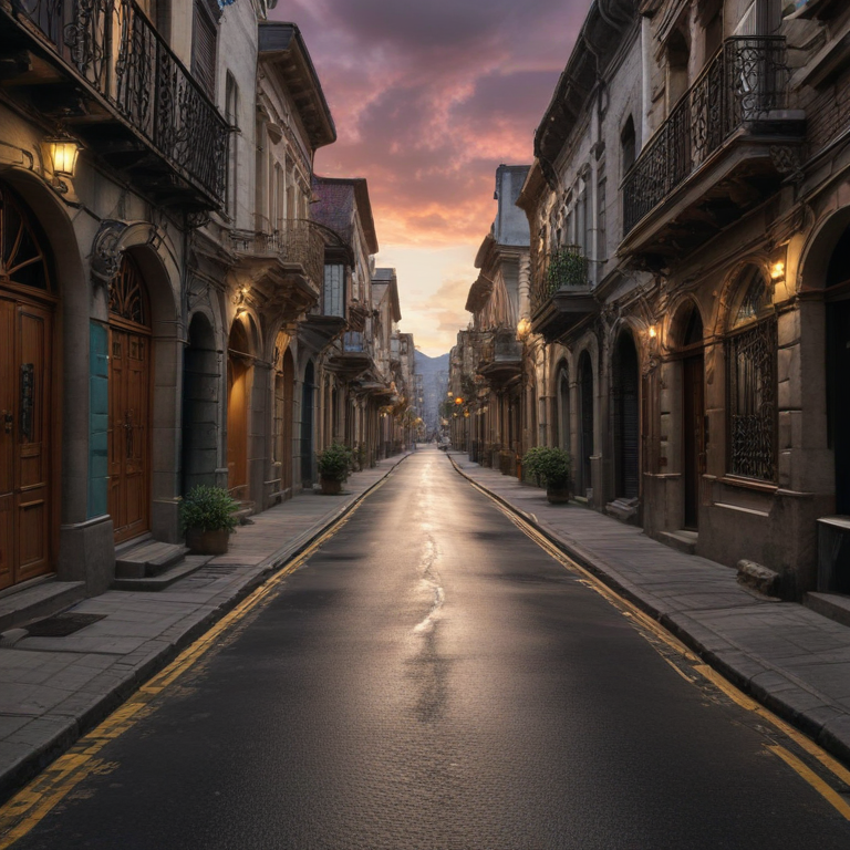 Charming Twilight Street Scene in a Historic European Town at Dusk