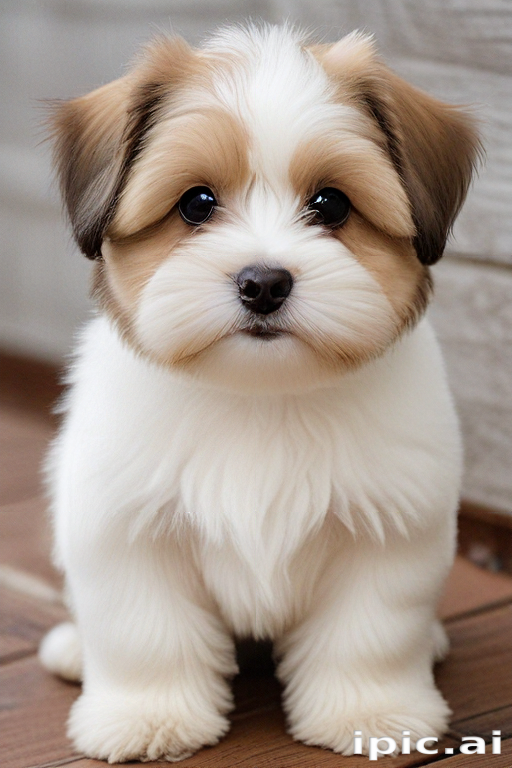Adorable Fluffy Puppy with Brown and White Fur Sitting Cutely Indoors.