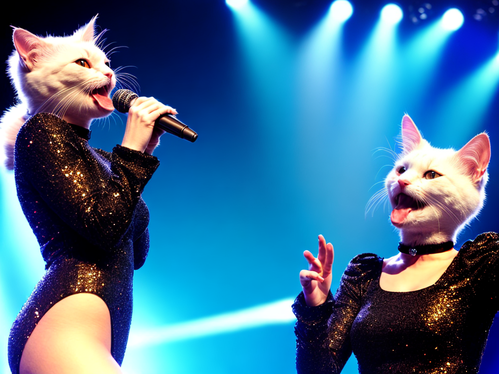 white cat singing on stage with a microphone, rock band in background