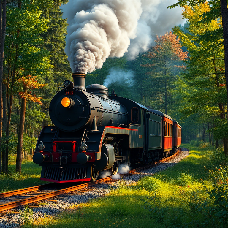 Majestic Vintage Steam Train Journeying Through Lush Green Forest Landscape