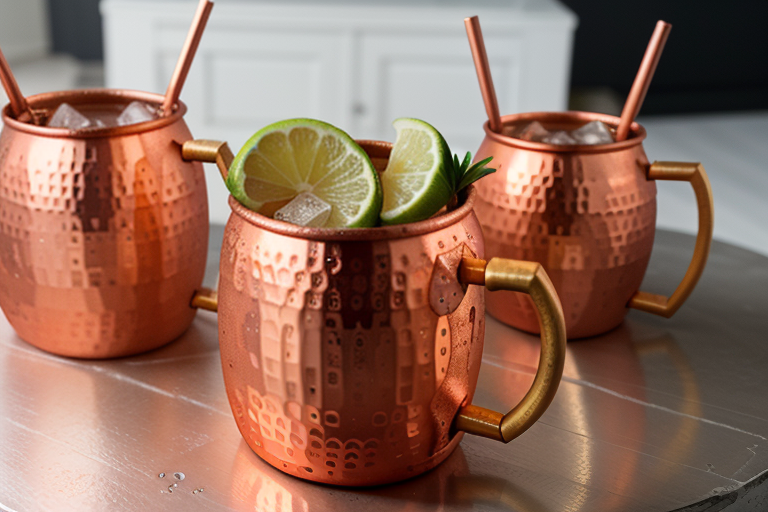 Refreshing Copper Mugs Filled with Ice and Lime Slices on Table