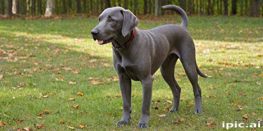 A Playful Gray Dog Standing in a Sunlit Park Surrounded by Leaves.