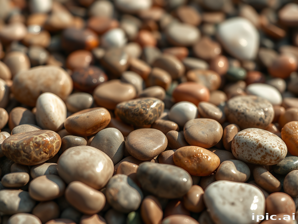 A Close-Up View of Smooth, Colorful Pebbles on a Beach Surface.