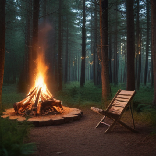 a single bonfire in a pretty forest with pine trees that have fairy ...