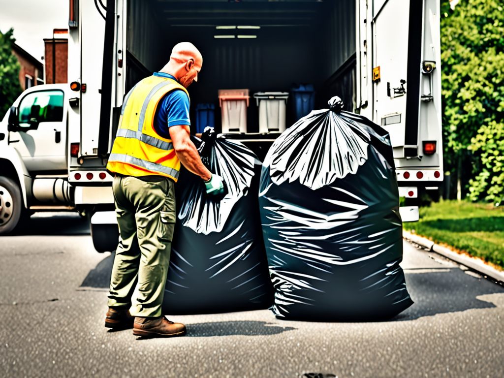 realistic handsome bald older muscular garbagemen from behind carrying ...