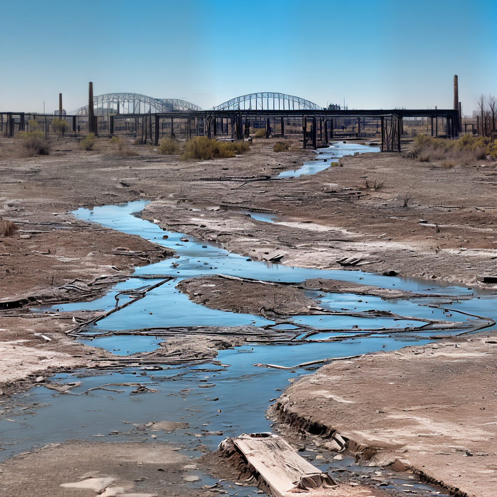 completely dry river bed with long industrial bridge and abandoned ...